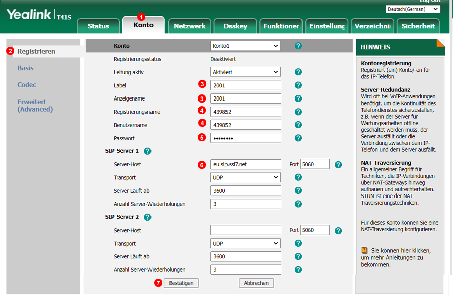 Administratorenhandbuch - Hardwarekonfiguration - Manuelle Konfiguration - Yealink | VoIPstudio